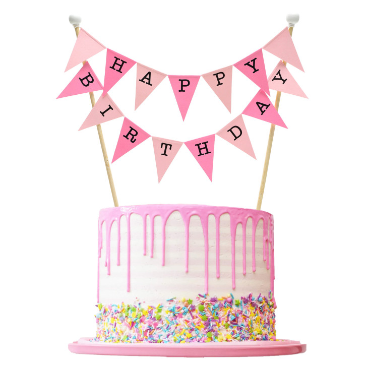 Топер за торта с флагчета Happy Birthday, Розов пастелен, 05 ...